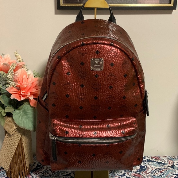 MCM | Bags | Mcm Visetos Metallic Red Backpack Large Size | Poshmark